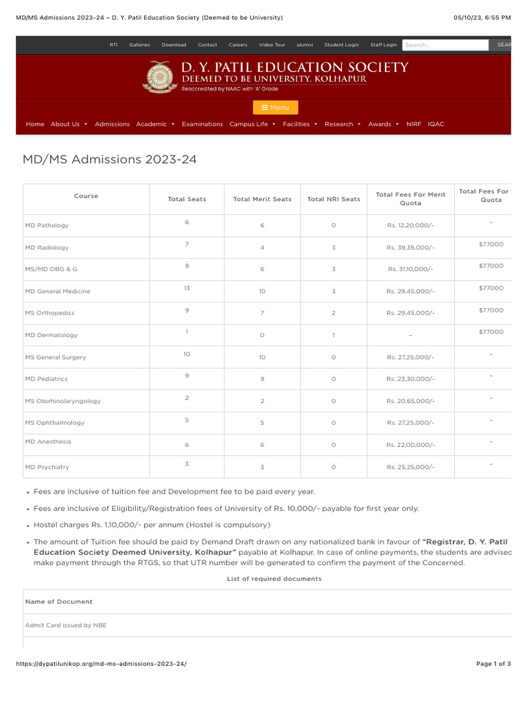 MD:MS Admissions 2023-24 - D. Y. Patil Education Society (Deemed To Be University) | PDF ...