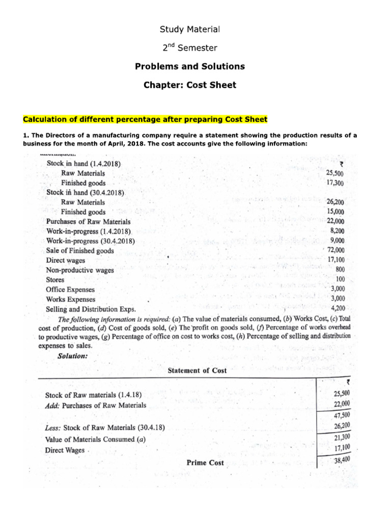 CMA I Problems Solution Cost Sheet SG | PDF