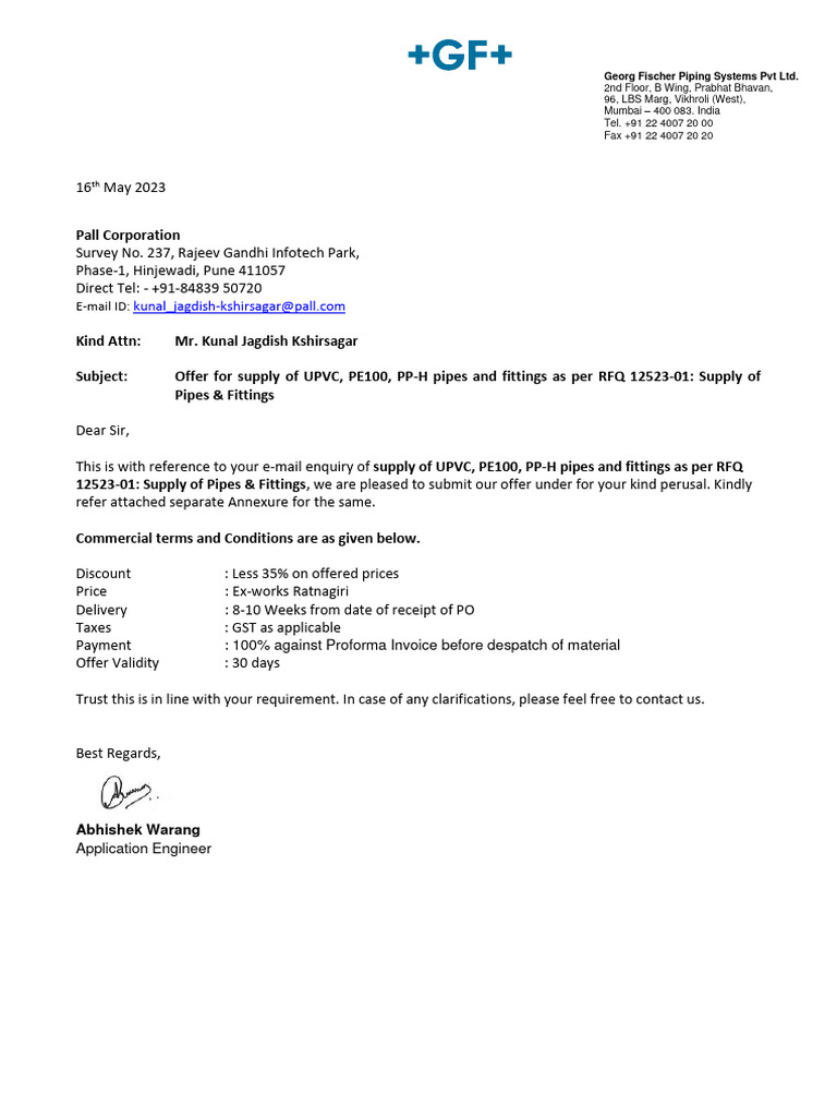 Supply Offer for UPVC & PE100 Pipes | PDF | Legal Liability | Damages