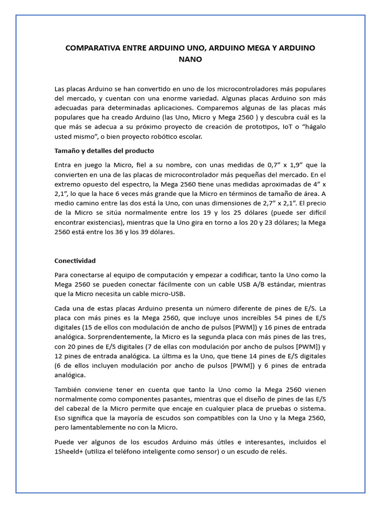 Comparativa Entre Arduino Uno | PDF | Arduino | Microcontrolador