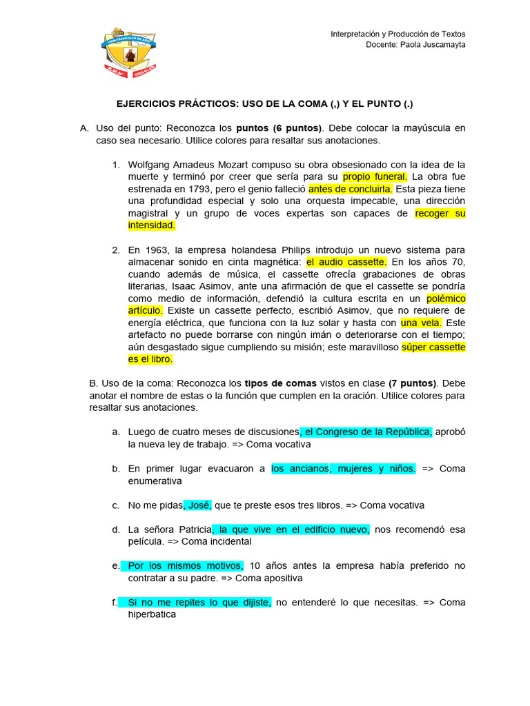 EJERCICIOS PRÁCTICOS_ USO DE LA COMA (,) Y EL PUNTO ( | PDF