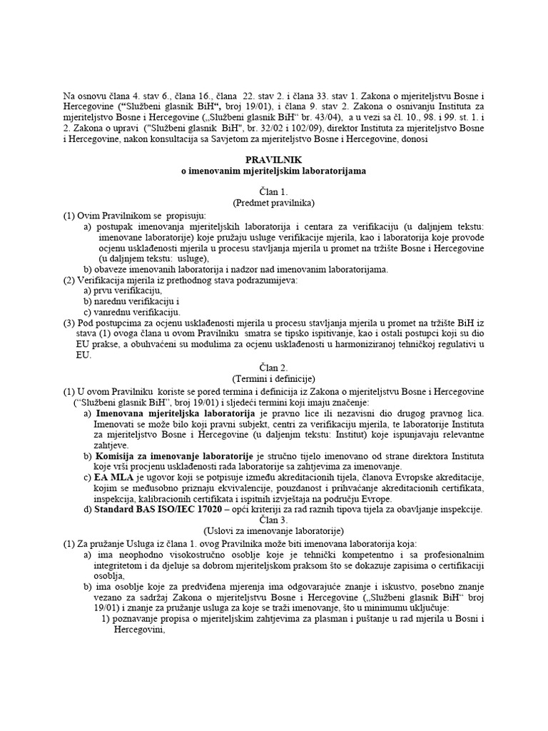 Pravilnik o Imenovanim Mjeriteljskim Laboratorijama - BOSANSKI | PDF