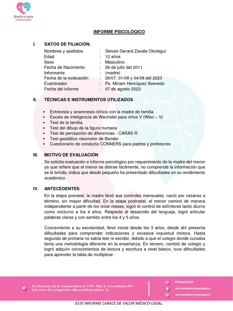 Informe Psicológico de Steven Zavala | PDF | Cociente de inteligencia ...