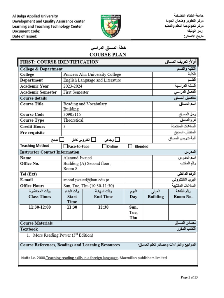 COURSE SYLLABUS Reading and Vocabulary Building | Download Free PDF ...