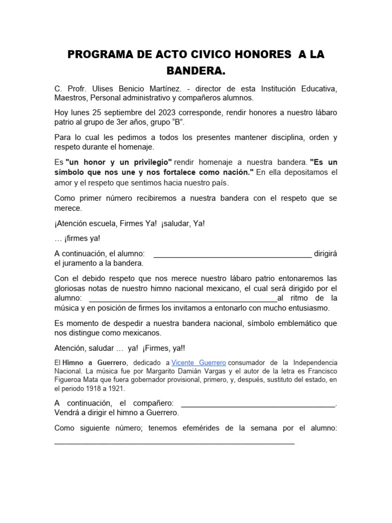 Programa de Acto Civico Honores A La Bandera 2018 | PDF