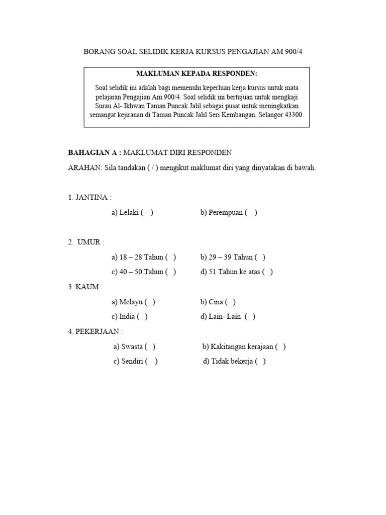 Borang Soal Selidik KK Pan | PDF