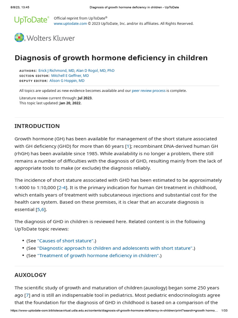 Diagnosis of Growth Hormone Deficiency in Children - UpToDate | PDF ...