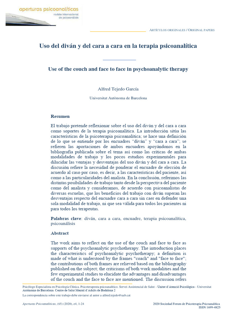 Tejedo Uso Del Divan y El Cara A Cara | PDF | Psicoanálisis | Psicoterapia