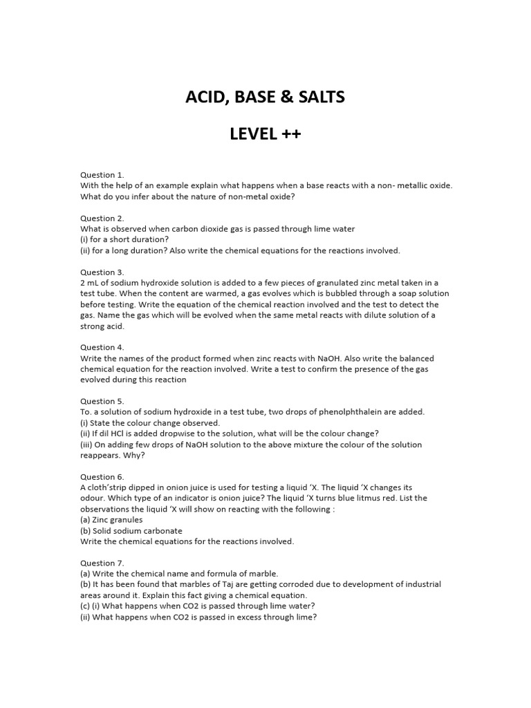 Acid, Base & Salts Level ++ | PDF | Hydrochloric Acid | Acid