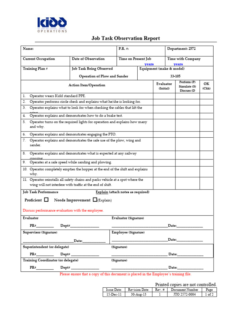 JTO-2572-0004 Sander and Plow Truck Job Task Observation Report | PDF