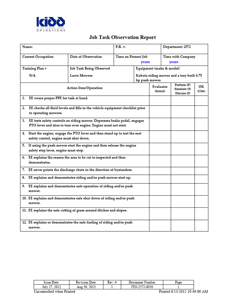 JTO-2572-0050 Lawn Mowers Job Task Observation Report | PDF | Lawn ...