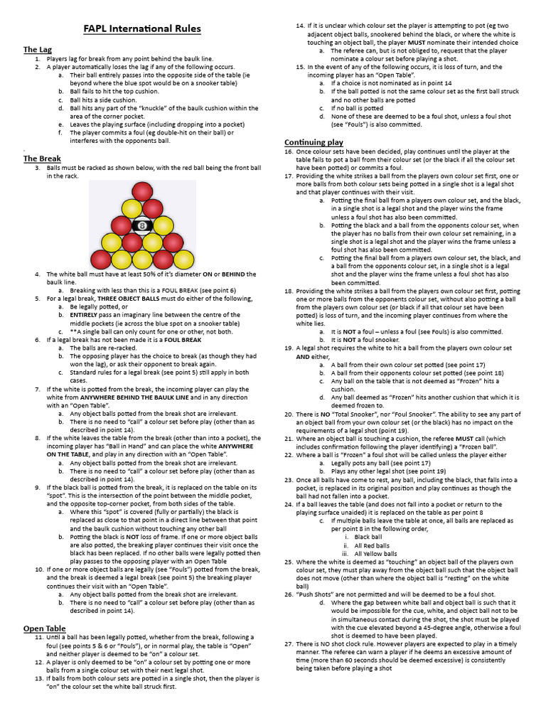 FAPL International Pool Rules | PDF