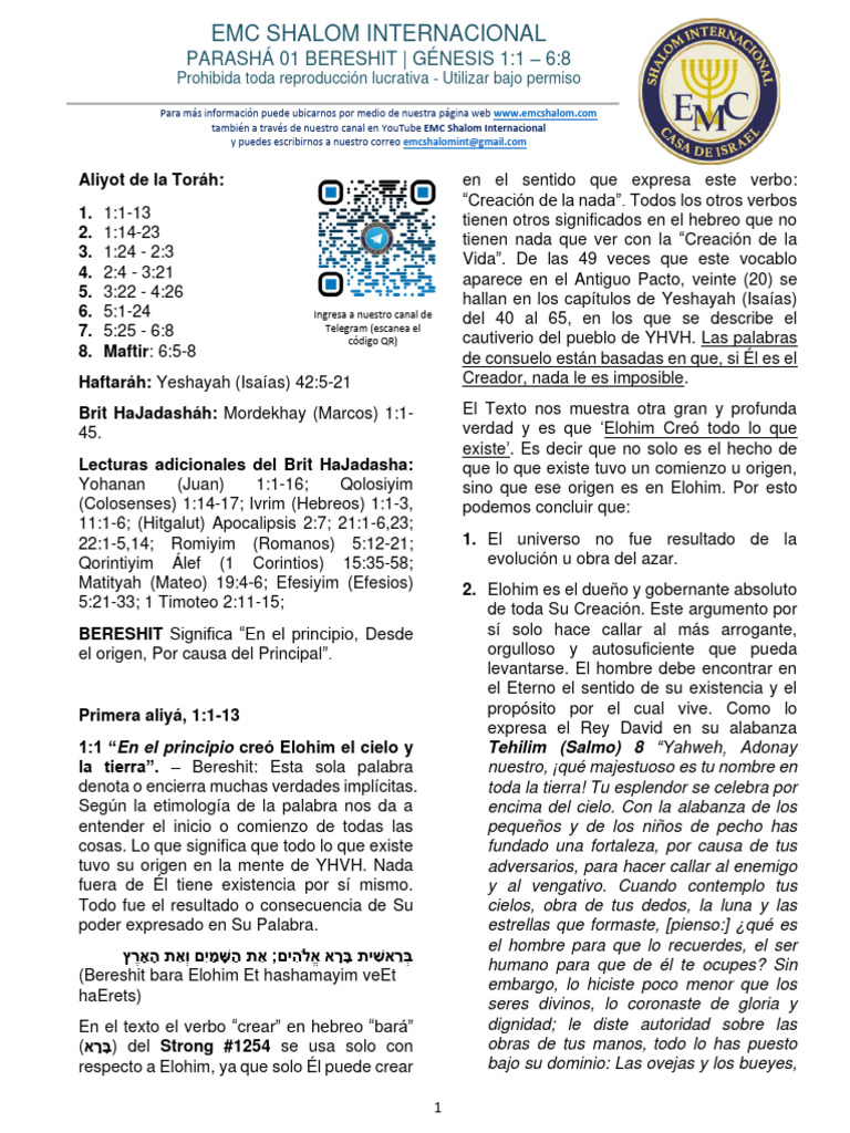 Parasha_ 01 Bereshit 5784 | PDF | Libro del Génesis | Tetragrammaton