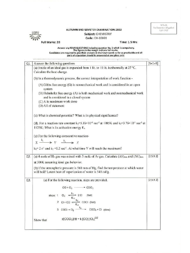 1st Mid Sem-CH-10001 | PDF