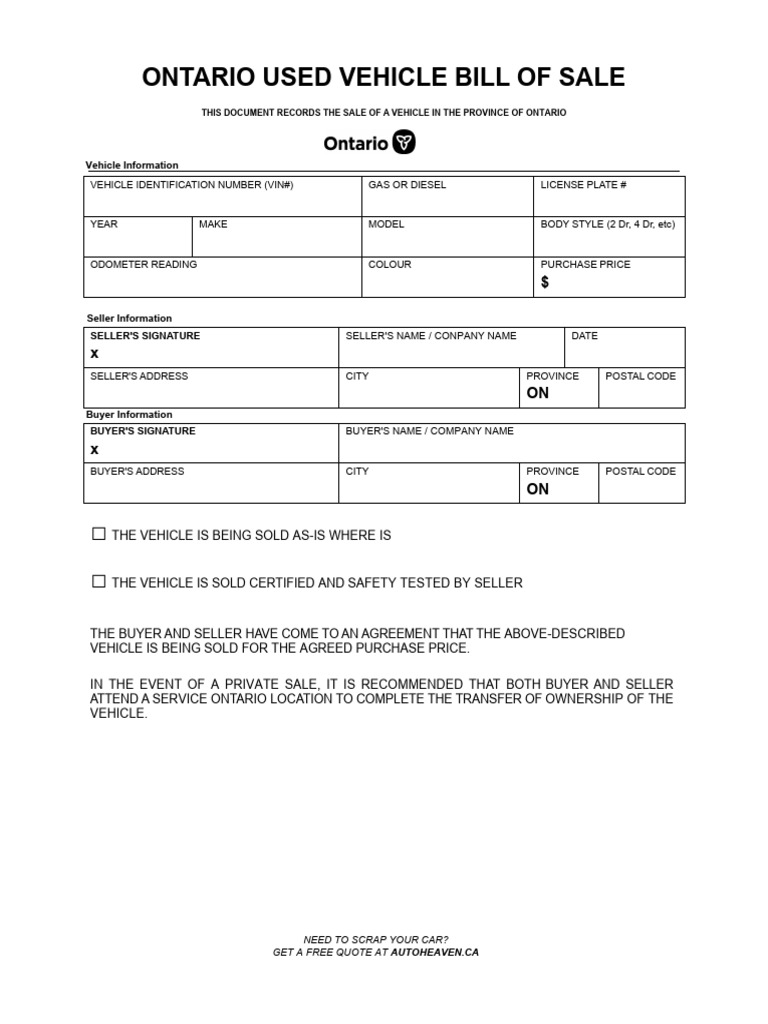 Ontario Used Vehicle Bill of Sale | PDF