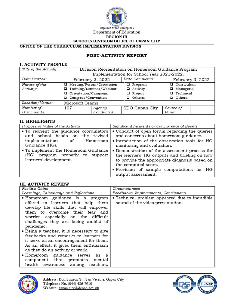 Post Activity Documentation Implementation of The Revised Homeroom ...