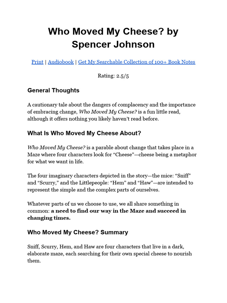 Who Moved My Cheese - by Spencer Johnson | PDF