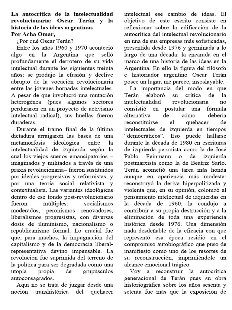 La Autocrítica de La Intelectualidad Revolucionaria Oscar Terán y La Historia de Las Ideas ...