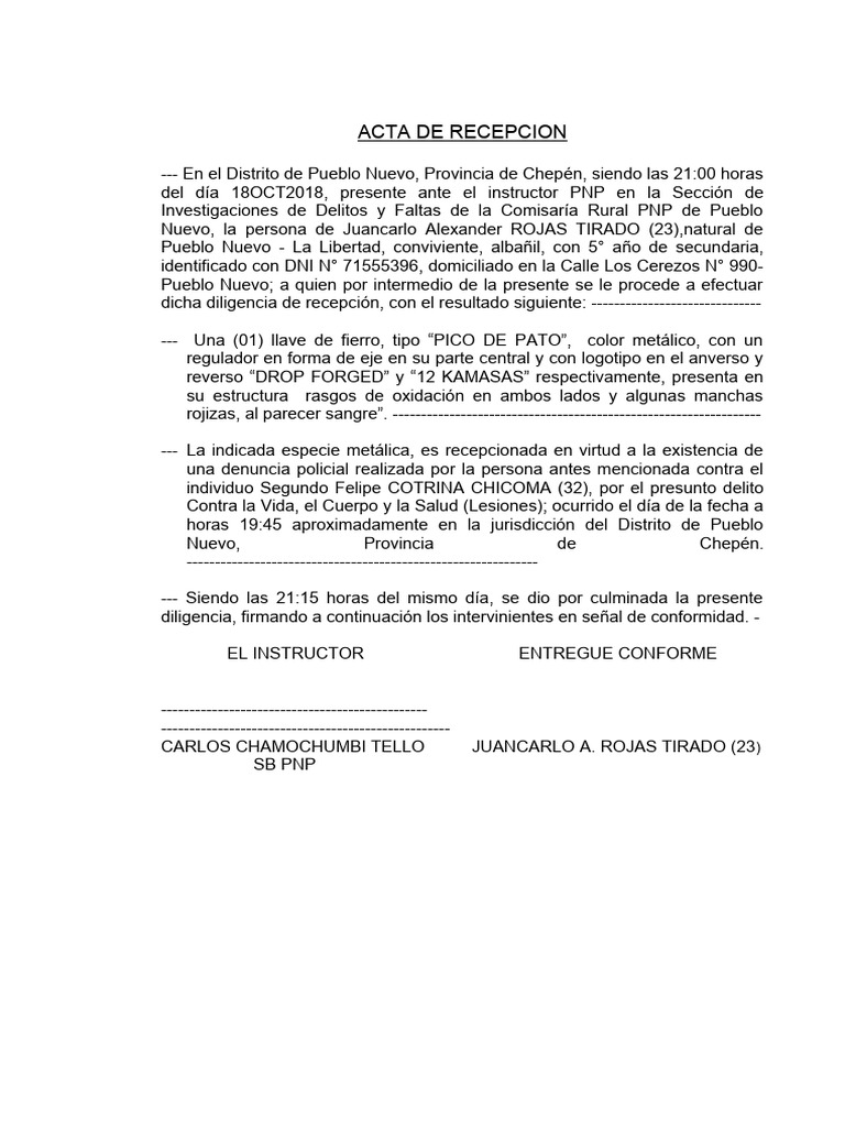 Acta de Recepcion | PDF | Balística