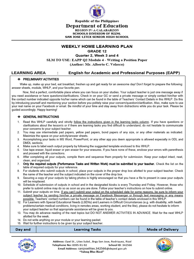 Q2 Eapp WHLP Week 3 and 4 | PDF | Teachers | Learning