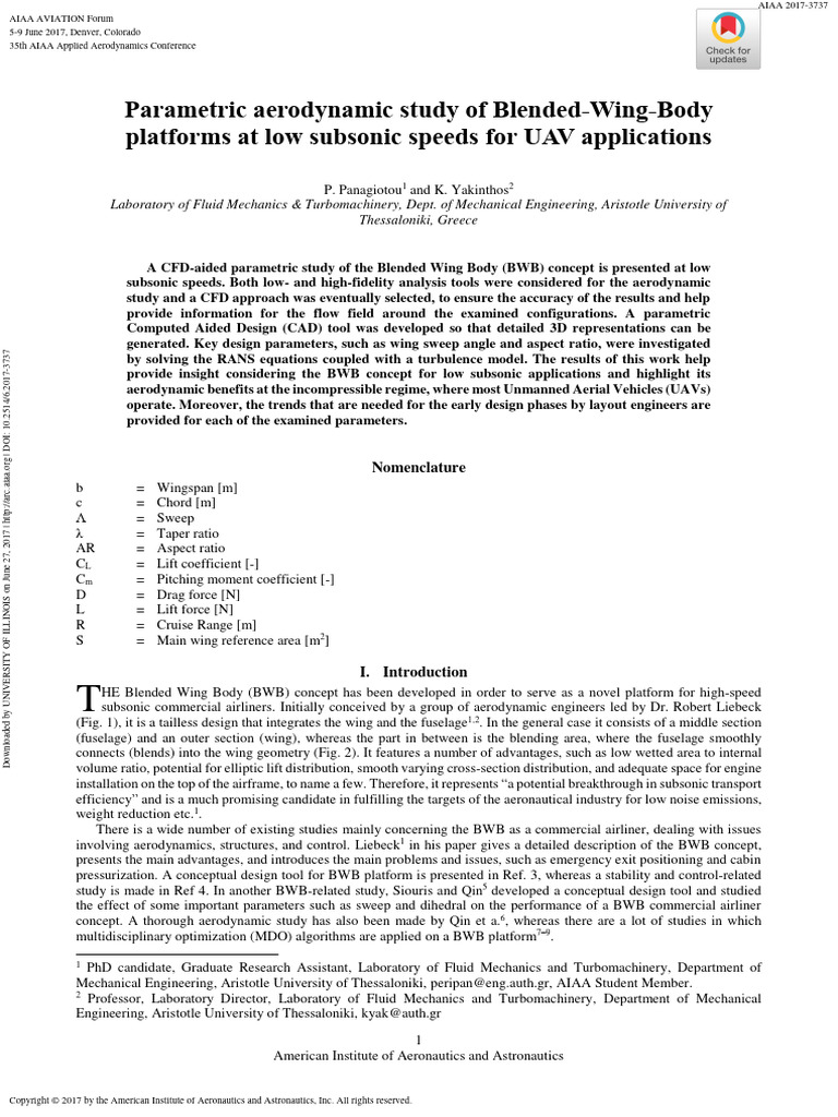 Parametric Aerodynamic Study of Blended-Wing-Body Platforms at Low ...