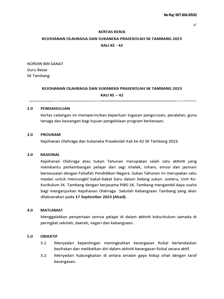Kertas Kerja Sukan Sekolah SKT 2023 | PDF