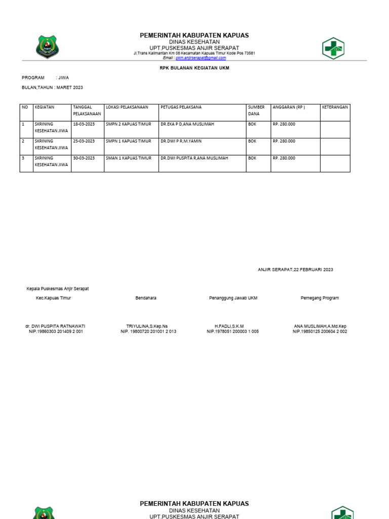 RPK & Jadwal Skrining Jiwa Maret 2023 | PDF