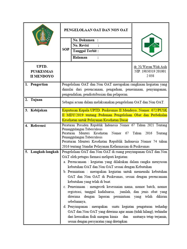 SOP Pengelolaan OAT Dan NON OAT | PDF