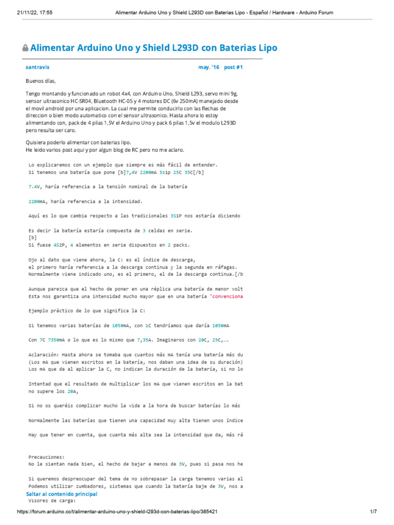 Alimentar Arduino Uno y Shield L293D Con Baterias Lipo - Español ...