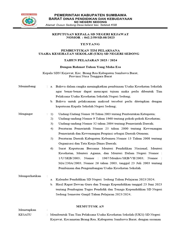 SK TIM UKS SD Negeri Kejawat - 2023.2024 | PDF