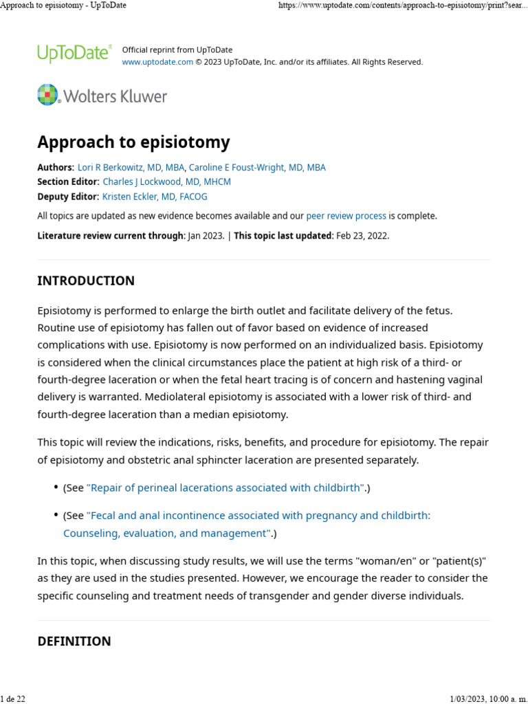 Approach To Episiotomy - UpToDate | PDF