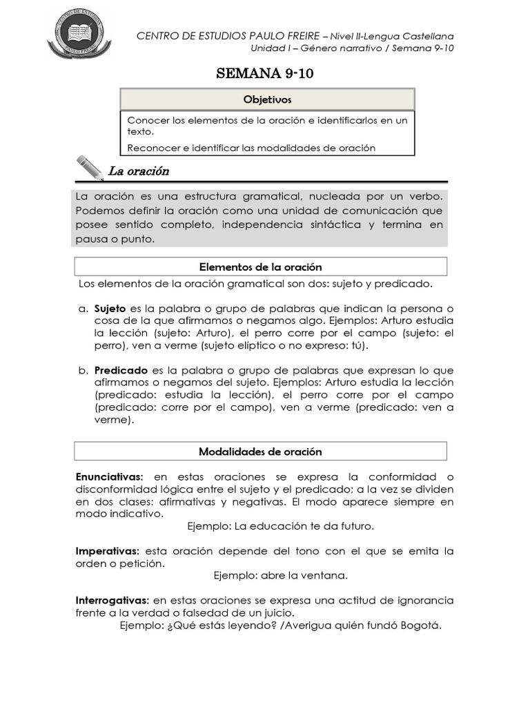 Español Nivel II Semana 9-10 | PDF | Predicado (Gramática) | Asunto ...