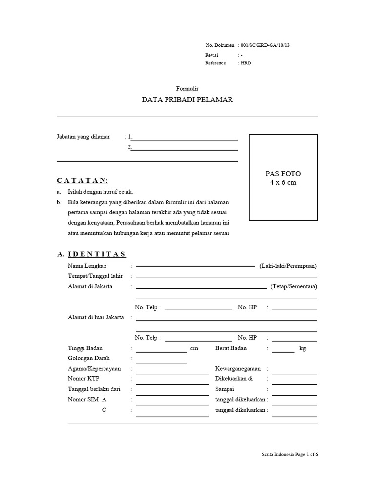 001-Formulir Isian Data Pelamar | PDF