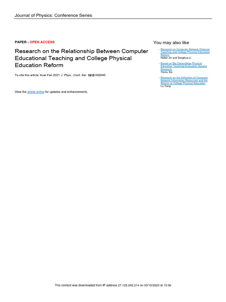 Fan 2021 J. Phys. Conf. Ser. 1915 032040 | PDF | Self-Improvement