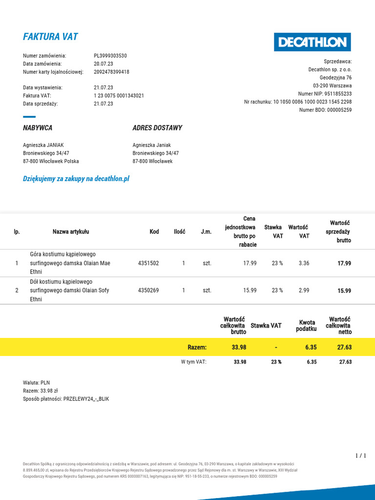 Decathlon Invoice 12300750001343021 | PDF
