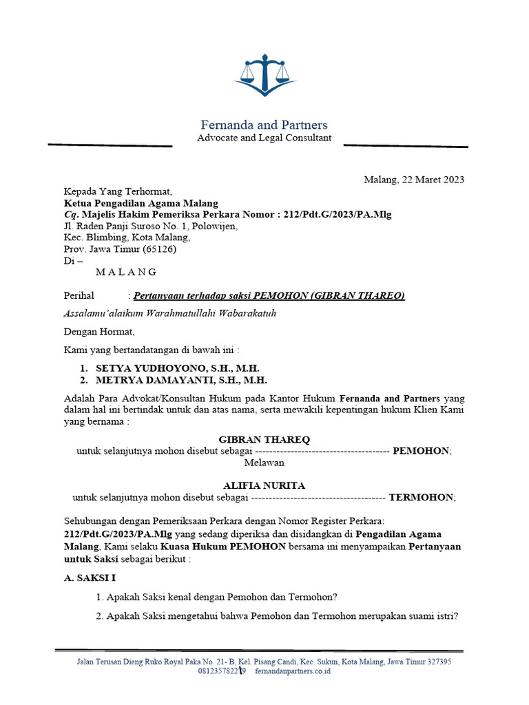 Surat Pertanyaan Saksi Pemohon | PDF