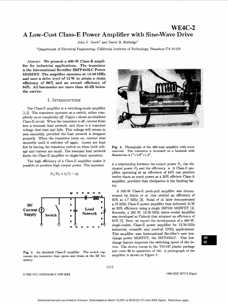 A Low-Cost Class-E Power Amplifier With Sine-Wave Drive | PDF