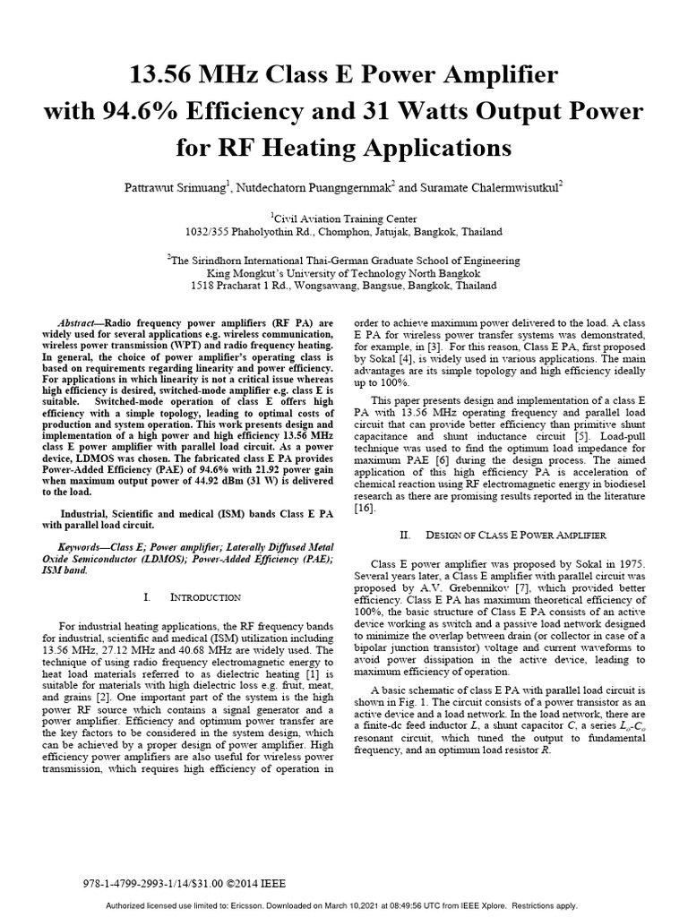 13.56 MHZ Class E Power Amplifier With 94.6% Efficiency and 31 Watts ...