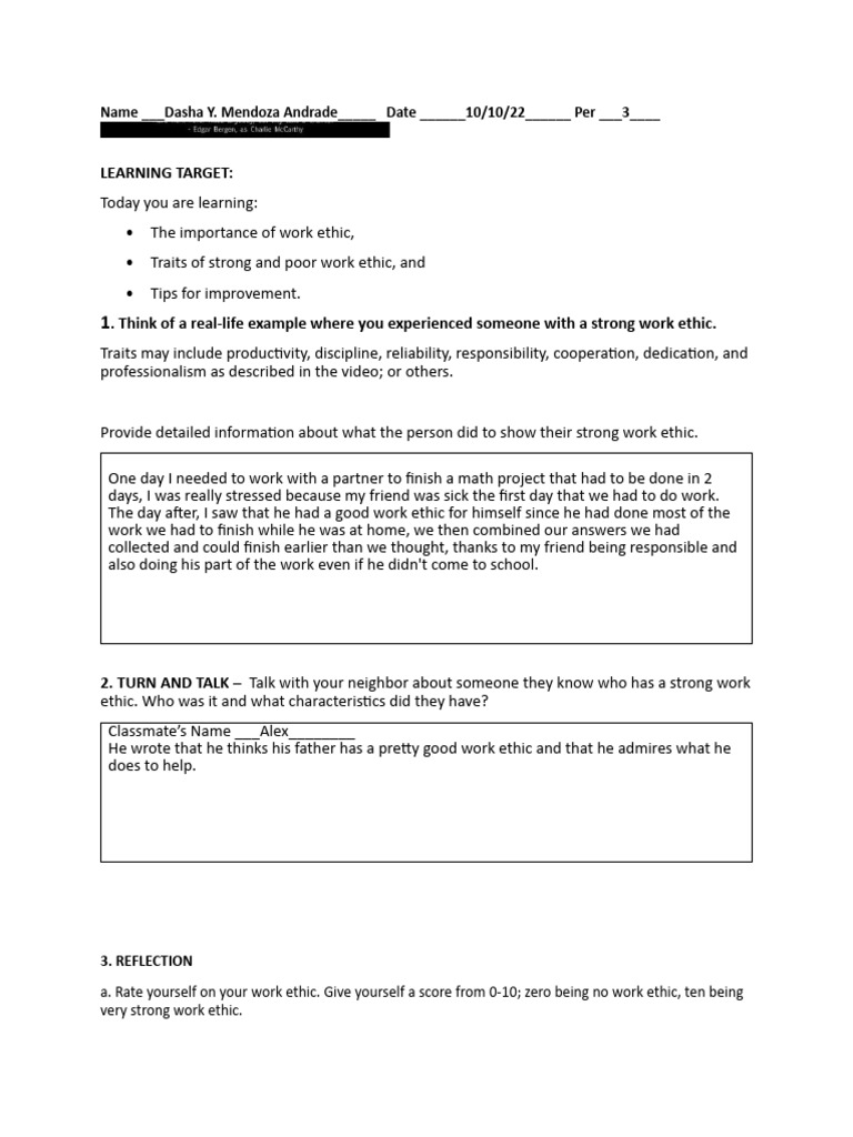 Work Ethic Worksheet | PDF