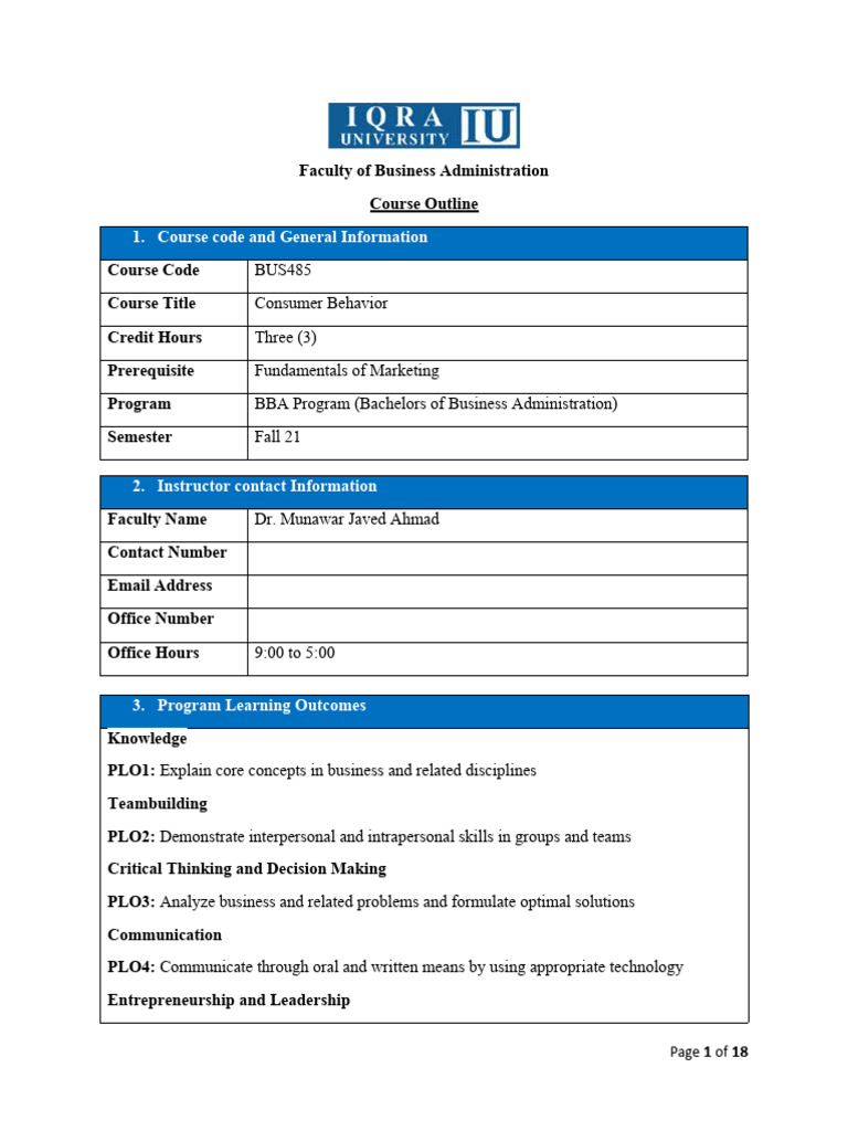 Consumer Behaviour Course Outline Pdf