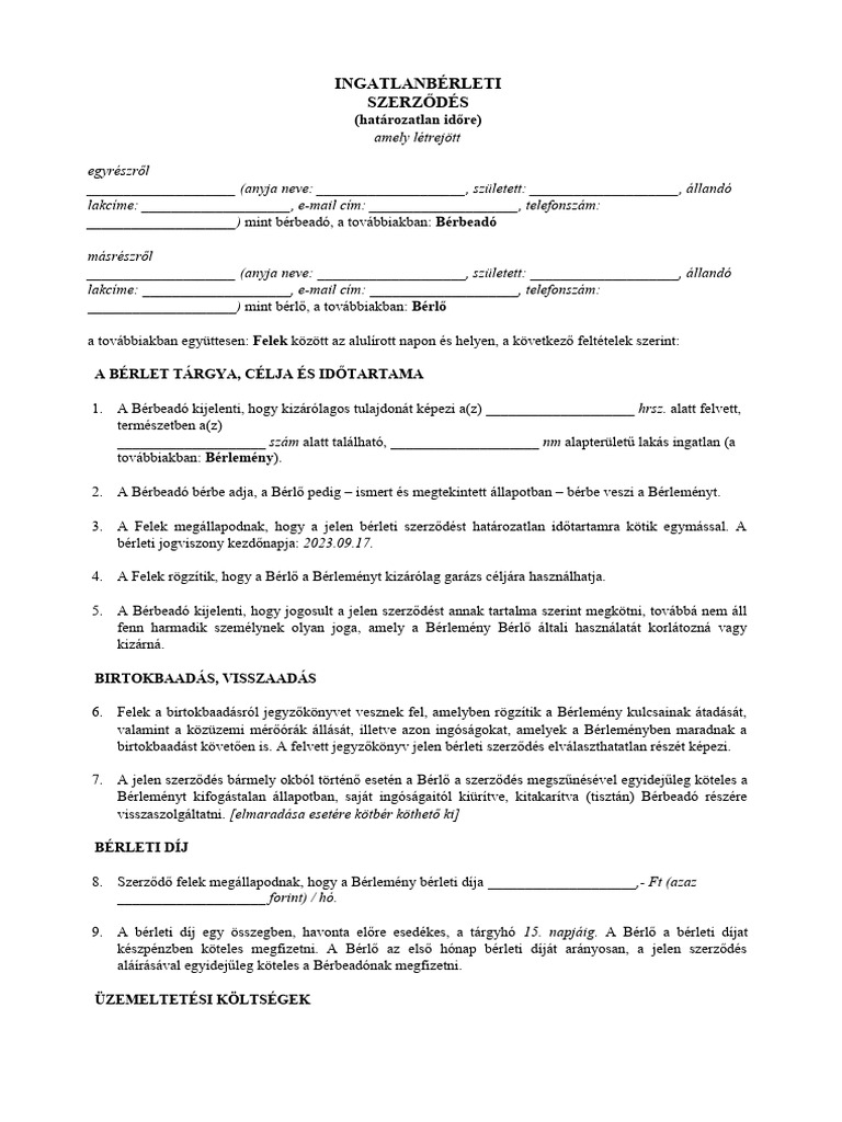 Lakasberleti Szerzodes Hatarozatlan Ideju | PDF