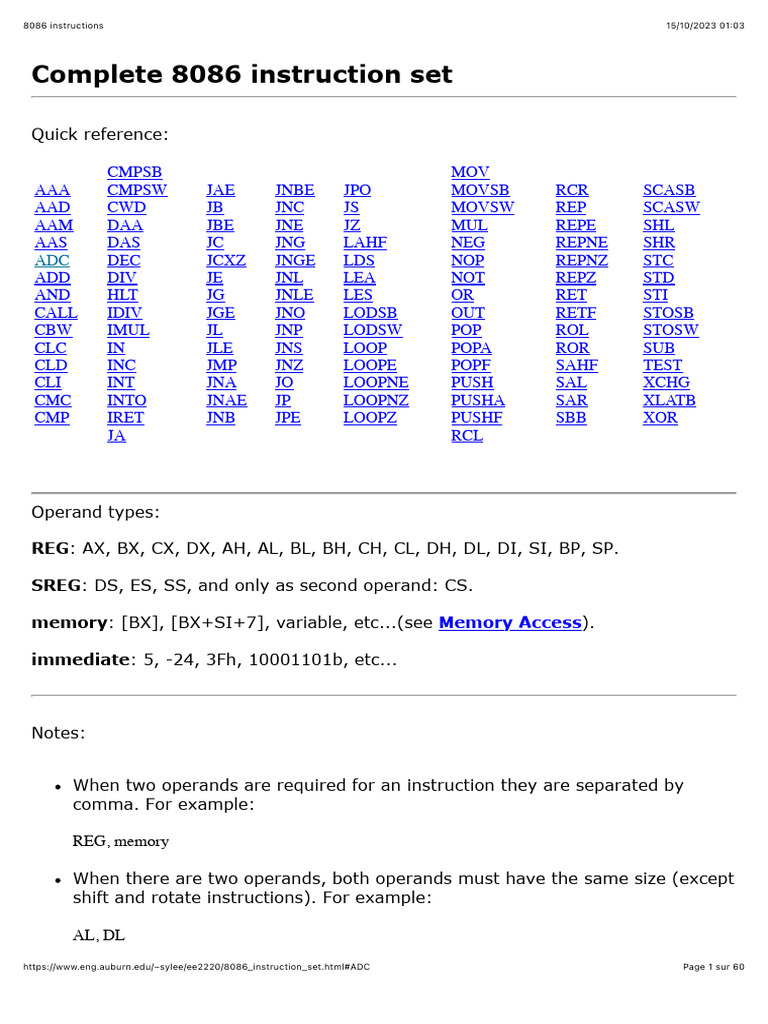 8086 Instructions | PDF