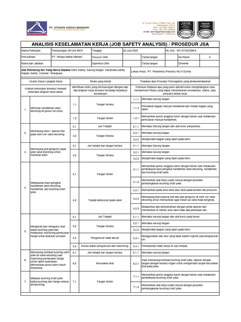 JSA Pemasangan Mov - Revised | PDF