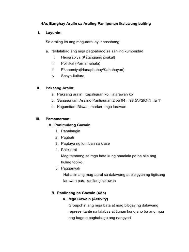4as Banghay Aralin Sa Araling Panlipunan Ikalawang Baiting | PDF