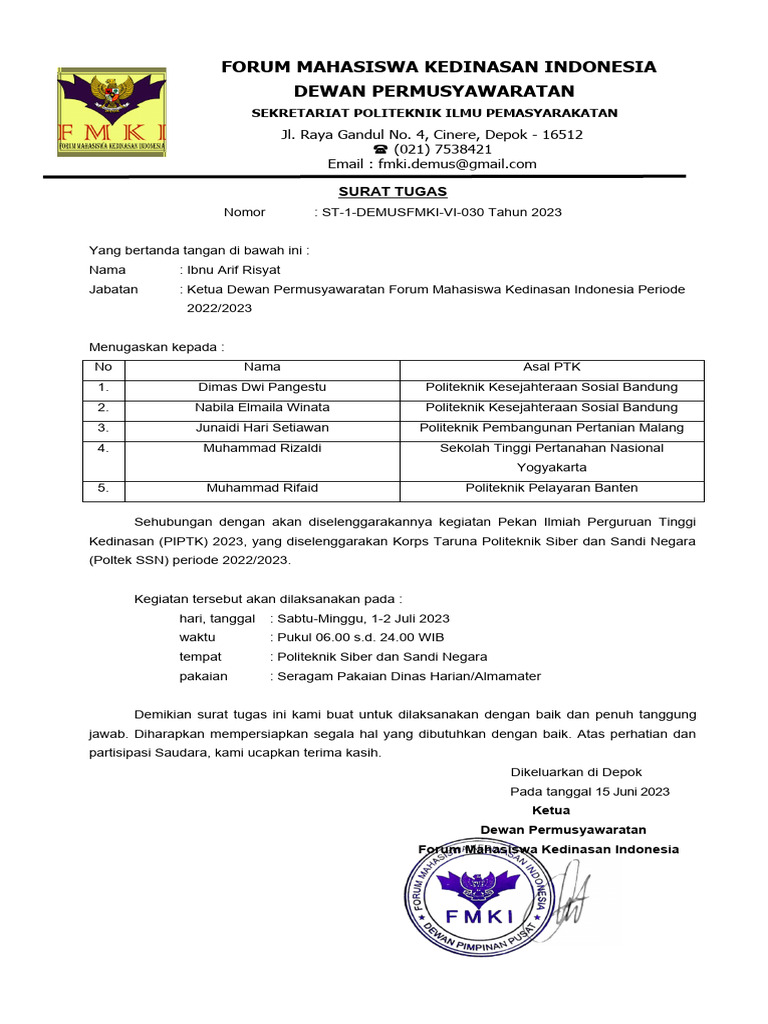 Surat Tugas Fmki | PDF