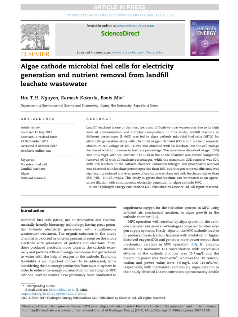 Algae Cathode Microbial Fuel Cells For Electricity Generation and Nutrient Removal From Landfill ...