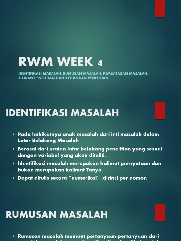 RWM Week 4 Identifikasi Maalah, Rumusan Masalah, Tujuan Penelitian | PDF