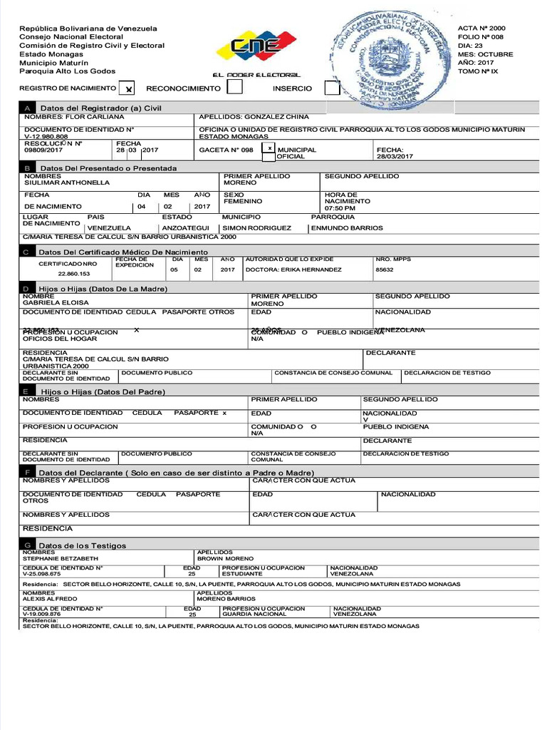 Modelo Partida Nacimiento Venezuela Con Sello 1 | PDF