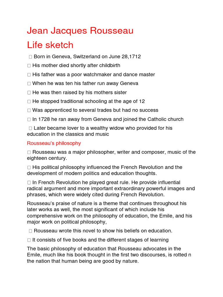 Jean Jacques Rousseau Life Sketch | Download Free PDF | Emile, Or On ...