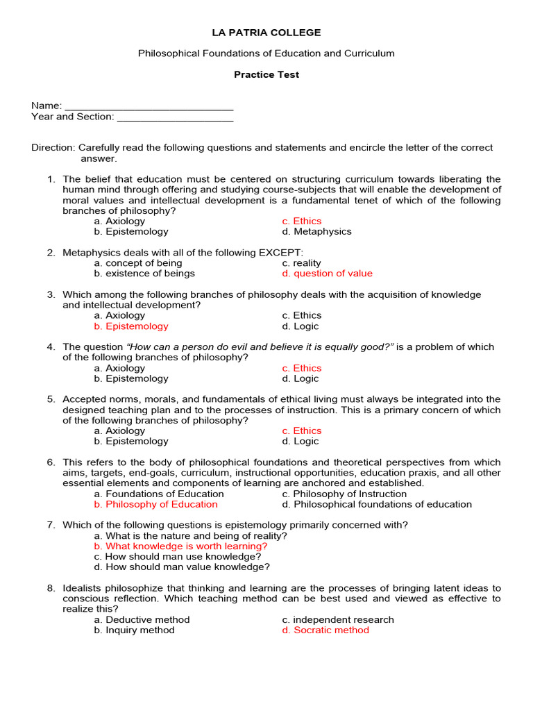 Philosophy of Education Practice Test | PDF | Philosophy Of Education ...